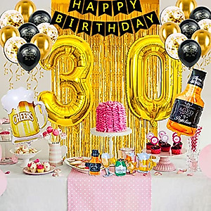 30th Birthday Decorations for Him, Black and Gold 30th Birthday Decorations with Happy Birthday Banner,Fringe Curtain,Confetti and Latex Balloons
