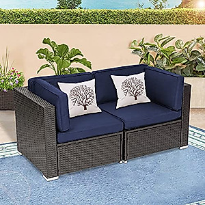 Patiomore 2 Pieces Outdoor Wicker Loveseat, Patio Rattan Sectional Furniture Corner Sofa Set All-Weather Black Brown Wicker with Removable Cushions for Balcony, Backyard, Garden (Dark Blue)