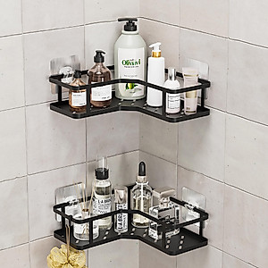 FJNATINH Corner Shower Caddy - 4 Tier Shower Organizer Corner Shelf Stainless Steel Floor Corner Shower Stand Rack for Bathroom Balcony Kitchen, No Drilling Shelves, Adhesive Shower Caddy
