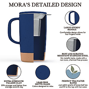 Mora Ceramics Large Tea Mug with Loose Leaf Infuser and Ceramic Lid, 18 oz, Portable, Microwave and Dishwasher Safe, Tall Coffee Cup - Rustic Matte Ceramic Glaze, Modern Herbal Tea Strainer, Deep Blue
