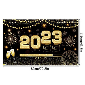 JKQ 2023 Happy New Year Backdrop Banner 71 x 43 Inch Large Size New Year Background Banner 2023 Loading New Year Holiday Party Decorations Black Gold 2023 New Years Eve Party Photo Booth Props