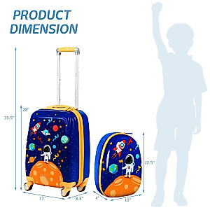 Goplus Kids Luggage Set, 12" & 18" Kids Carry On Luggage Set, Multi-directional Wheels Suitcase, Large Capacity Rolling Trolley Suitcase, Gift for Boys and Girls Toddlers Children Travel (Universe)