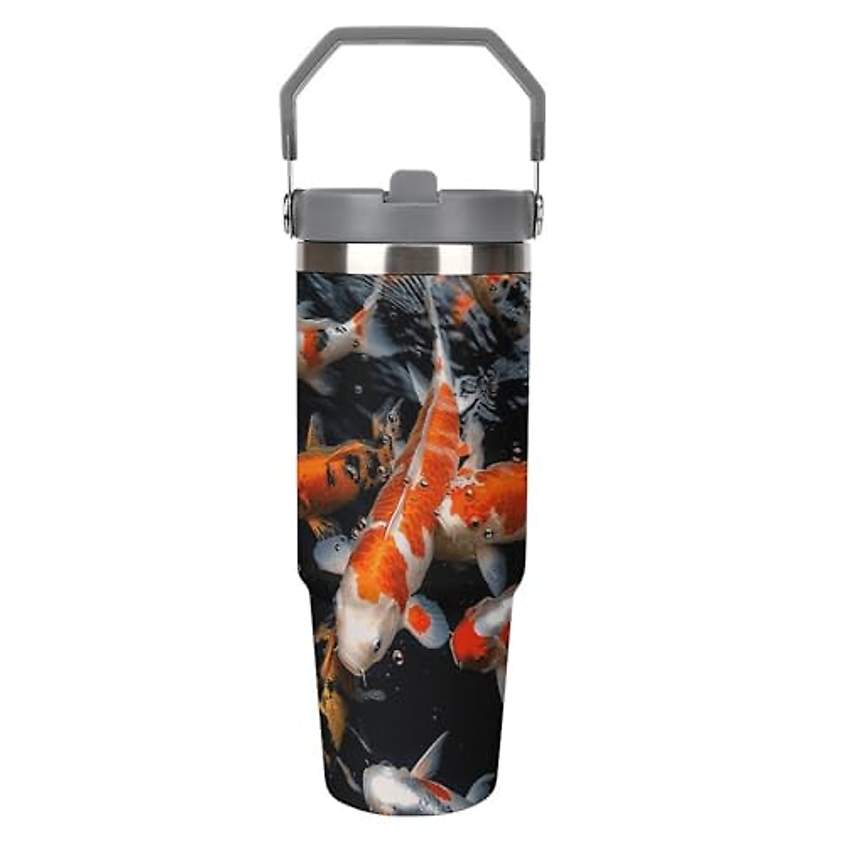 Japan Fancy Carp Fishes 30oz Stainless Steel Insulated Tumbler with Straw & Foldable Handle - Leakproof, Double-Wall Vacuum Travel Thermos for Hot/Cold Drinks, Non-Slip Base, Fit Cup Holders