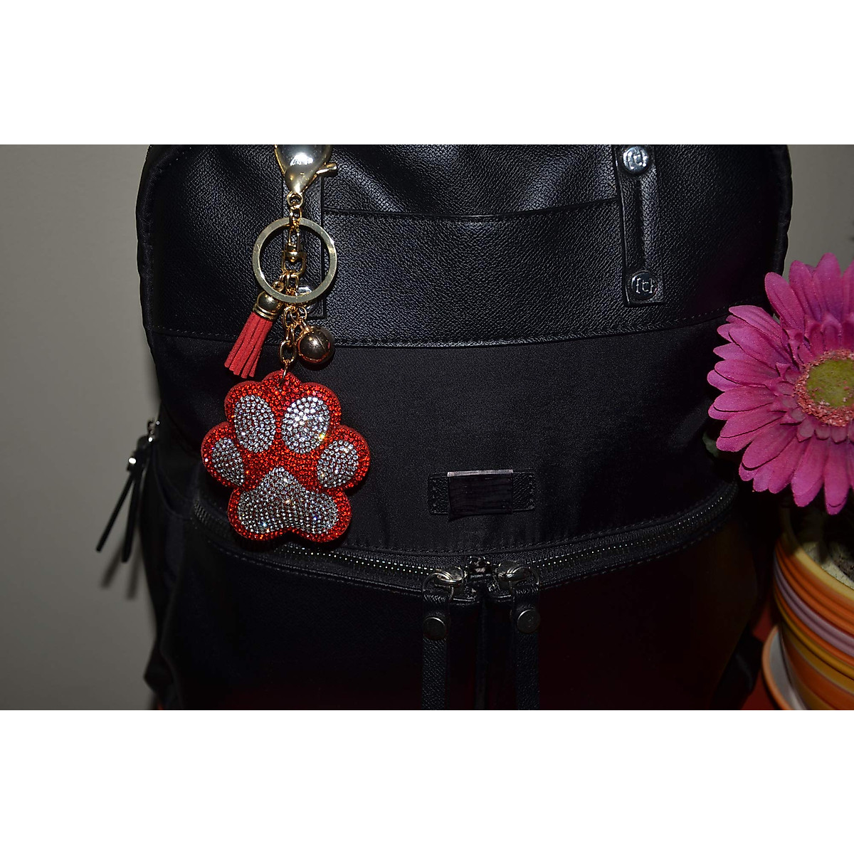 Popfizzy Red Paw Print Keychain for Women, Bling Backpack Keyrings, Cute Dog Purse Charms, Rhinestone Gifts for Dog Lovers