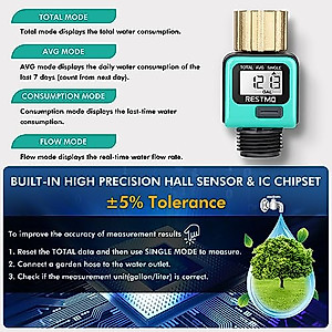 RESTMO Water Flow Meter with Brass Inlet Metal Thread, Measure Gallon/Liter Consumption and Flow Rate for Outdoor Garden Hose Watering, RV Water Tank Filling, Lawn Sprinkler and Nozzle Sprayer