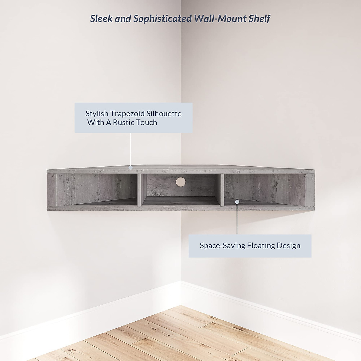 BELLEZE 47 Inch Modern Floating Wall Mounted Corner Shelf, TV Console with Three Shelves and A Cable Cutout, Space Saving Decorative Media Corner Storage - Russel (Gray Wash)