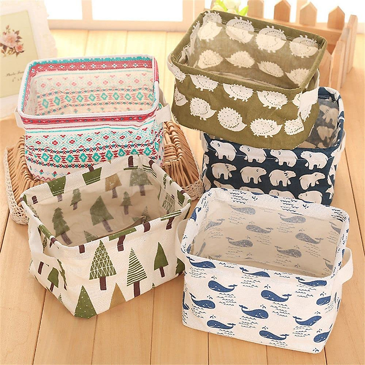 4Pcs Cotton And Linen Cloth Art Storage Basket Cute And Simple Nordic Style Home Cosmetics Sundries Handle Basket Desktop Storage Box(7.87inch)