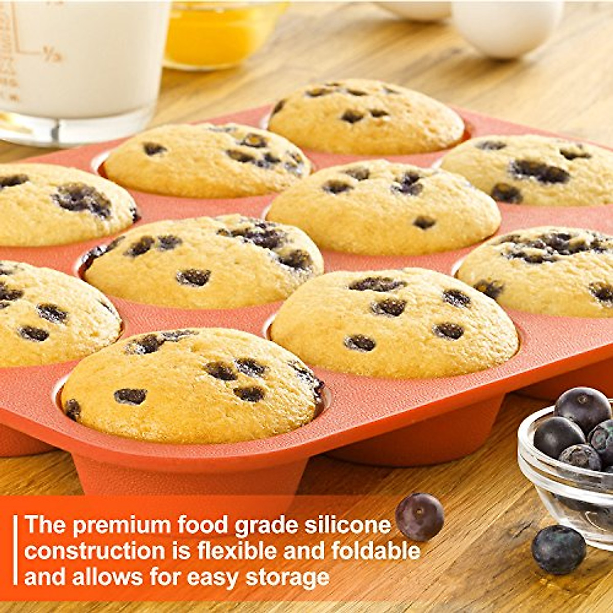Muffin Pans Nonstick 12 Large and 24 Mini Cups Silicone with Cupcake Liners Brush Spatula Set Reusable Baking Molds for Toaster Oven (Red-12 Cups+24 Cups)