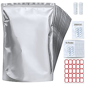 15 Pack 5 Gallon Mylar Bags with Oxygen Absorbers - 10.5 Mil Mylar Bags for Food Storage with 15 Single Sealed 2000cc Oxygen Absorbers & Labels & Clips - for Long Term Food Storage