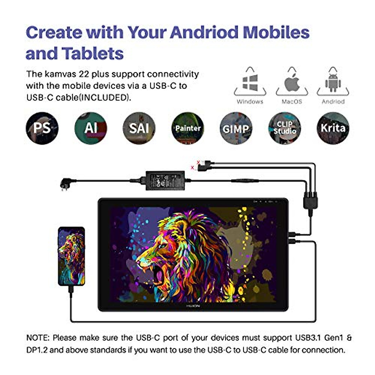 HUION KAMVAS 22 Plus Graphics Drawing Tablet with Screen Full Laminated QD 140% sRGB, Android Support Battery-Free 8192 Levels Pressure Stylus Tilt Drawing Pen Tablet, 21.5" Drawing Monitor with Stand