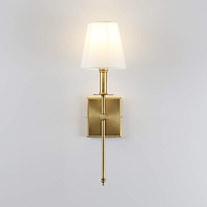 PERMO Set of 2 Classic Rustic Industrial Wall Sconce Lighting Fixture with Flared White Textile Lamp Shade and Antique Brass Tapered Column Stand