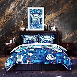 Placitiume Teen Boys Gamer Comforter Cover Set - Gaming Bedding Set with Gamepad Design Duvet Cover Set, Video Game Theme 3 Piece Set with 2 Pillowcases for Bedroom Bed Decor, No Comforter