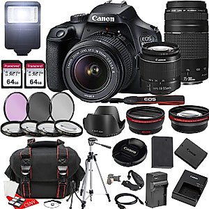Canon EOS 4000D (Rebel T100) DSLR Camera w/18-55mm F/3.5-5.6 Zoom Lens + 75-300mm F/4-5.6 III Lens + 2X 64GB Memory + Hood + Case + Filters + Tripod + More (35pc Bundle) (Renewed)