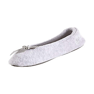 isotoner Women's Terry Ballerina Slipper with Bow for Indoor/Outdoor Comfort, HEATHER GREY, 8-9