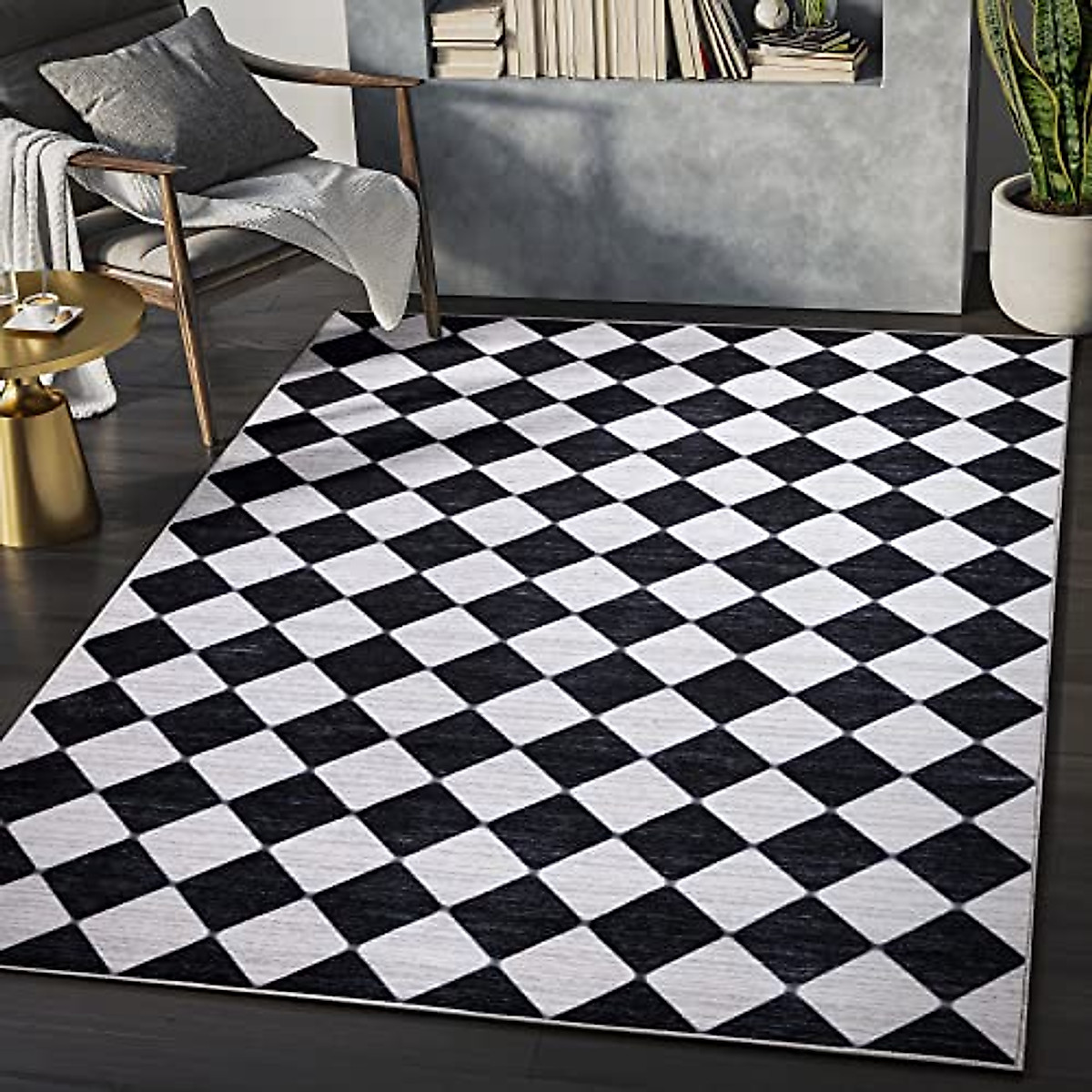 Abani Rectangular Area Rugs 5' x 8' Cream Black Checkered Diamond Machine Washable, Stain Resistant and Non-Shedding Polypropylene Large Rugs Modern Design