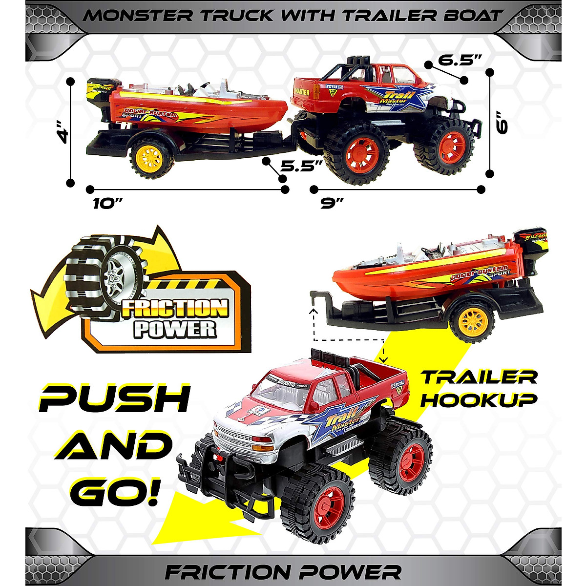 Mozlly Monster Truck Toys Set with Trailer Toy Boat - Friction Powered Hauling Truck and Trailer Toy, Big Toy Monster Truck with Boat, Adventure Truck Pulling Boat Toy Monster Trucks for Kids - 9 Inch