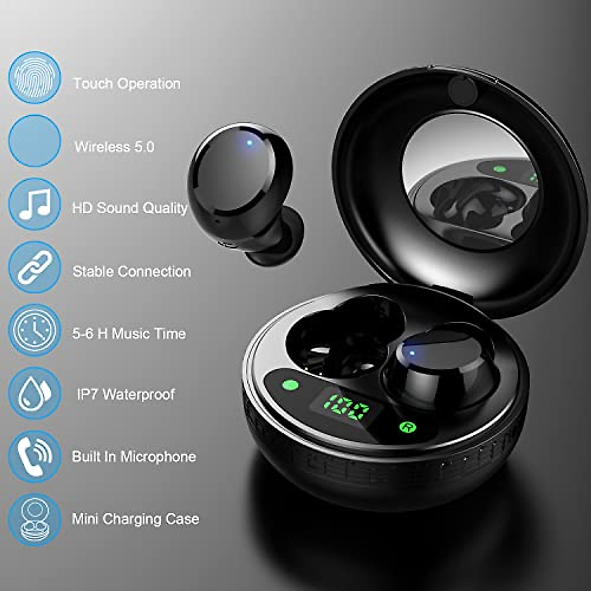 Donerton Wireless Earbud Wireless Headphones, 5.0 Bass+ HD Stereo Noise Cancelling Earphones in Ear, Mini Wireless Earbud with LED Display, IP7 Waterproof Wireless Headset, Black