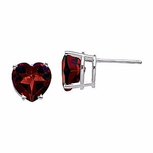 14K Solid White Gold 8mm Heart Red Garnet Studs Gemstone Earrings January Birthstone Jewelry