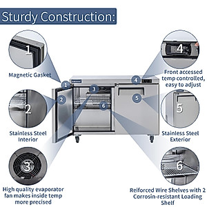 ICECASA 48" W Commercial Freezer Worktop Undercounter Freezer Single Door Stainless Steel Counter Fan Cooling Freezer 13 Cu.ft for Restaurant, Bar, Shop, etc