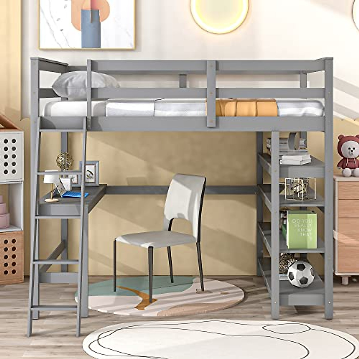 DEYOBED Full Size Wooden Loft Bed Frame with Under-Bed Desk and 4-Tier Storage Shelves - Smart Space-Saving Solution for Teens and Kids' Bedrooms