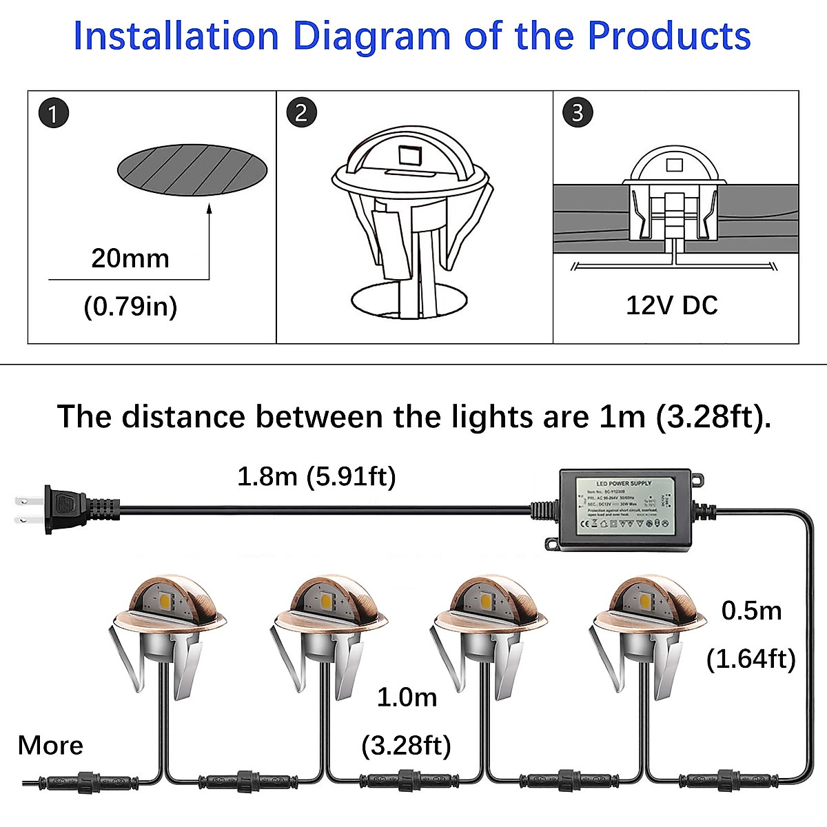 CHNXU LED Outdoor Deck Lights Kits, Φ1.38in Warm White 20 Pack Bronze, Low Voltage 12 Volt DC IP65 Waterproof, Electric Wired Recessed Stair Step Riser Mini Under Landscape Lighting for Outside Yard