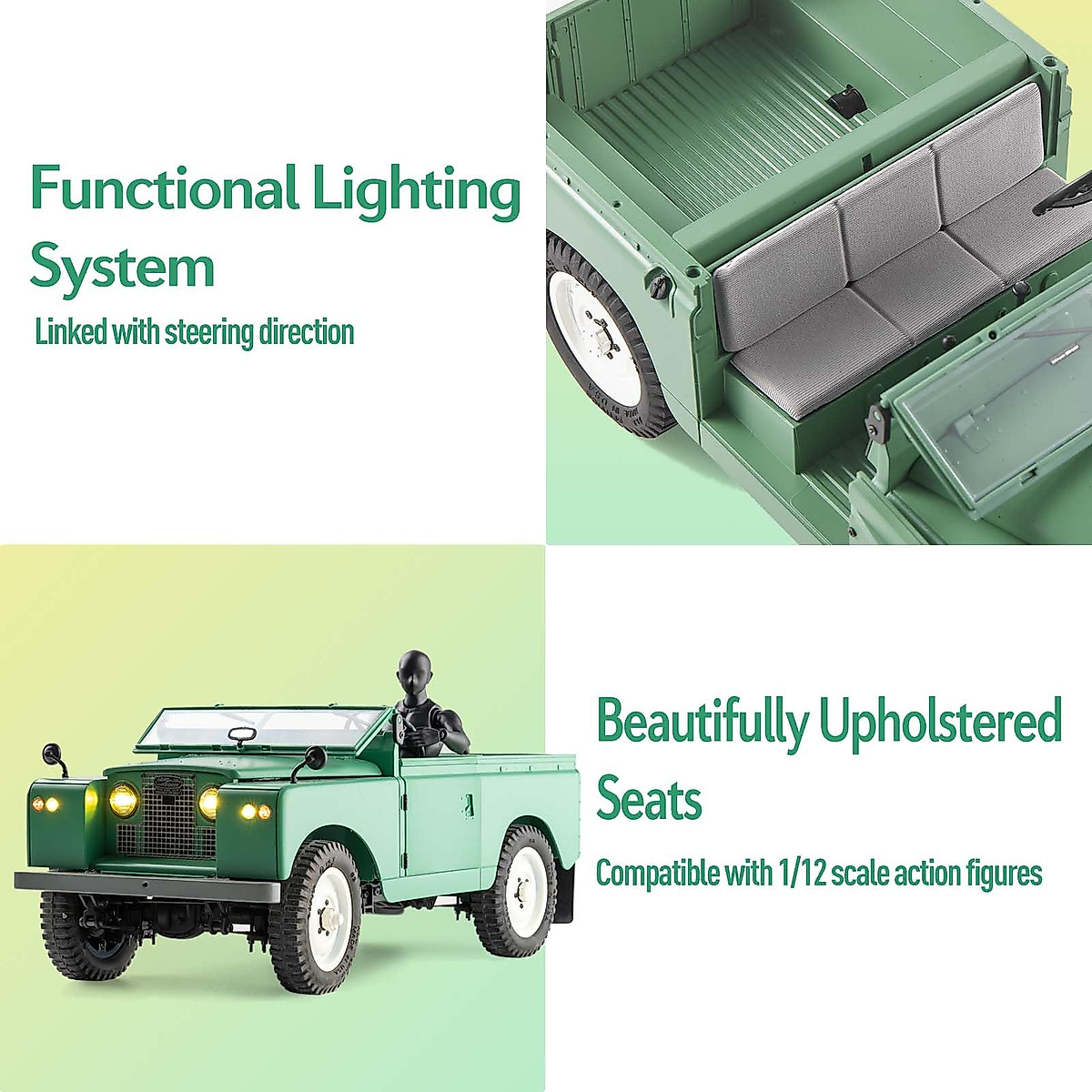 WOWRC FMS 1/12 Land Rover Series II RC Car,RC Crawler Pickups & Vans & Convertibles 3 in 1 with 2 Speed Transmission,4-Wheel Drive,LED Lights,RC Model for Adults,Green