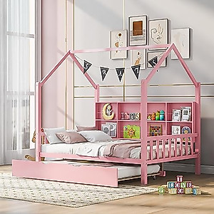 BIADNBZ Full Size House Platform Bed with Trundle and Storage Shelves, Wooden Daybed with Roof, Sofabed Frame for Kids/Teens Bedroom, Pink