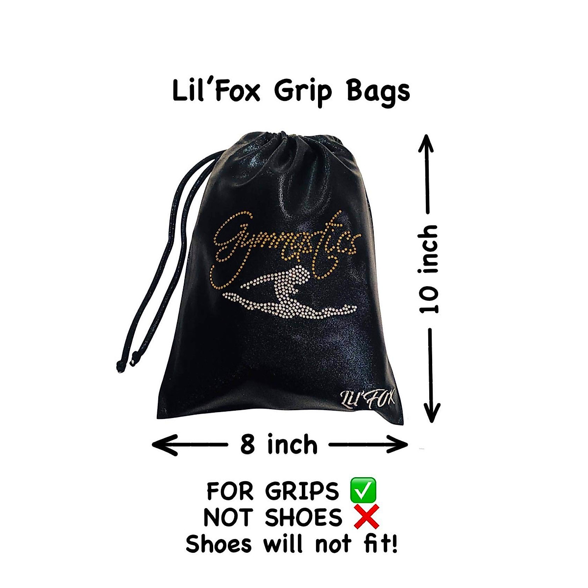 LIL'FOX 8"x10" Drawstring Gymnastics SMALL GRIP BAG 26x20cm | Lightweight Bag for Personal Equipment | Shiny Foil Rhinestones
