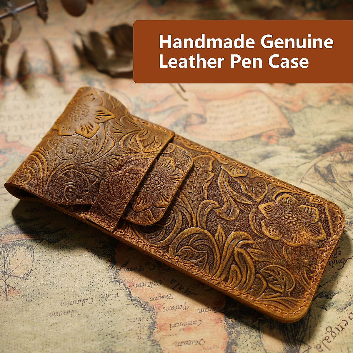 Q1T5 Handmade Genuine Leather Pen Pouch, Vintage Pencil Carrying Sleeve Crazy Horse Leather Pen Protective Bag Carving Style Brown