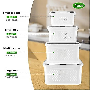 4 PCS Large Fruit storage Containers for Fridge with Removable Colanders, Leakproof Food Storage Containers with lids, Dishwasher & microwave safe Produce Containers to Keep Fruits Berry Fresh longer