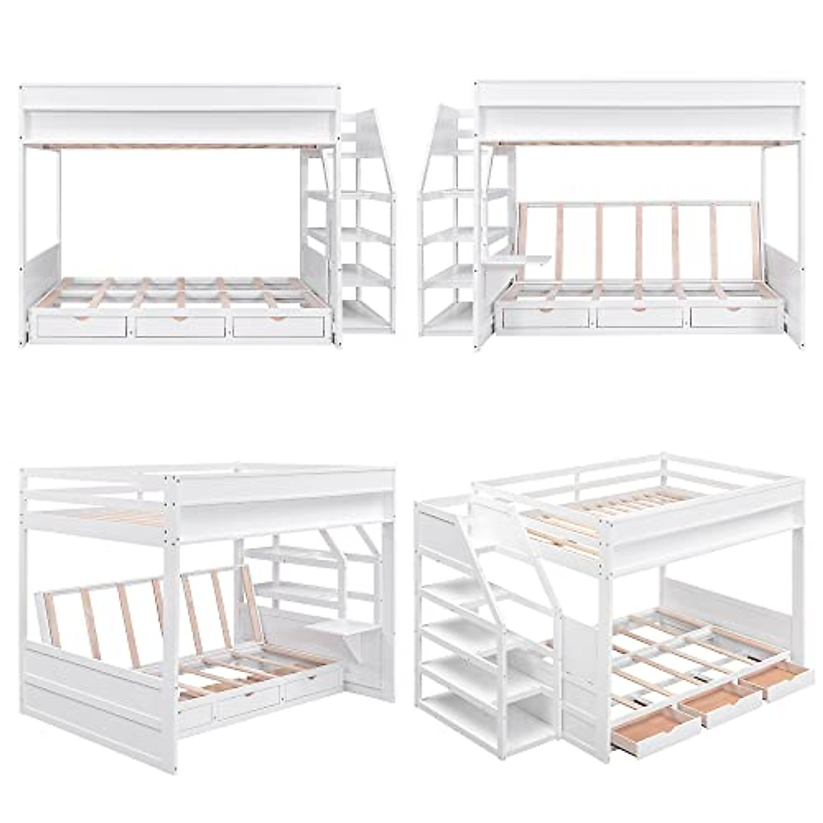 SOFTSEA Full Over Futon/Full Bunk Bed with Storage Staircases, Convertible Couch and Bed with Drawers, Wood Bunk Bed Frame for Kids Teens, No Box Spring Needed (White)