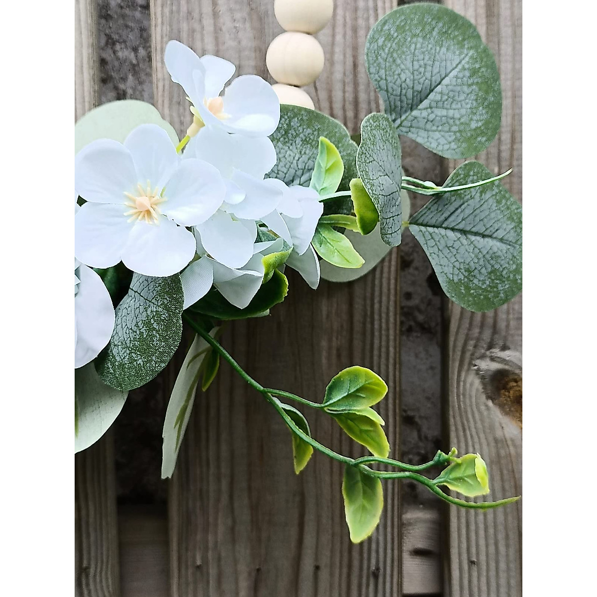 Artificial Flower Wreath,Wood Beads Camellia Wreath, Indoor/Outdoor Farmhouse Wreaths for Front Door Decor