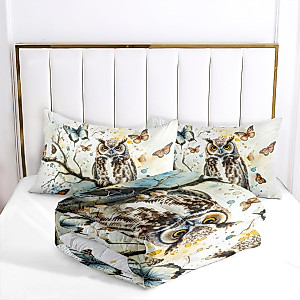 CCoutueChen Owl Bedding Set Queen Size for Girls Boys Kids 3D Animal Printed Comforter Set White Blue Butterfly Bedding Sets 3 Piece Soft Microfiber Down Alternative Comforter Sets with 2 Pillowcases