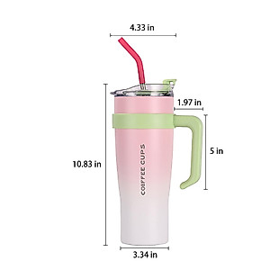 Taumy Large capacitly stainless steel drinking cup with handle and straw, Reusable, Easy to clean, Leak-proof andinsulated travel mug (Pink)