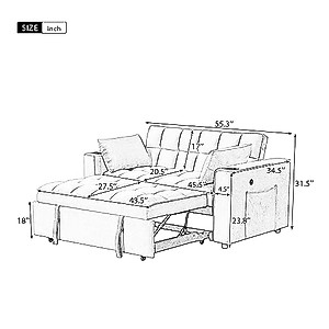 Verfur 3 in 1 Multi-Functional Futon Couch Pull Out Sleep, 2 Seater Convertible Loveseats Sofa with Adjustable Backrest,Comfy Upholstery Sofacama Sofabed, White 55.3" w/Cupholders and USB Charge Ports