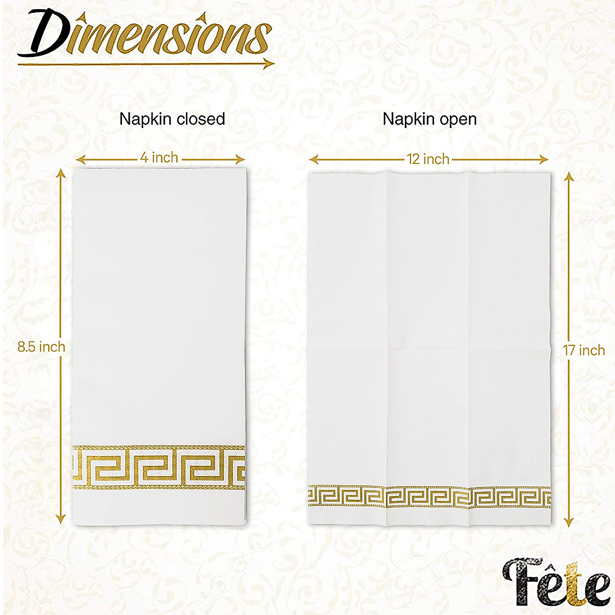Decorative Hand Towels, Gold design 50 Disposable Linen-Feel Guest Towels – Formal Dinner, Anniversary, Wedding Napkins for Tables, Guestrooms, Restrooms, 8.5x4-Inches Folded, [Gold 50 Pack]