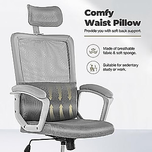 JHK Ergonomic Home Mesh Swivel Rolling Office Desk Computer Chair with Adjustable Headrest, Soft PU Armrest, Lumbar Support and Rocking Function, 18.11" D x 19.49" W x 43.5" H, Grey