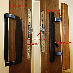 Sliding Glass Patio Door Handle Set Oak Wood Interior Handle and Exterior Pull in White Diecast Finish+Mortise Lock 45° Keyway Fits 3-15/16” Screw Hole Spacing, Non-keyed with Latch Locks