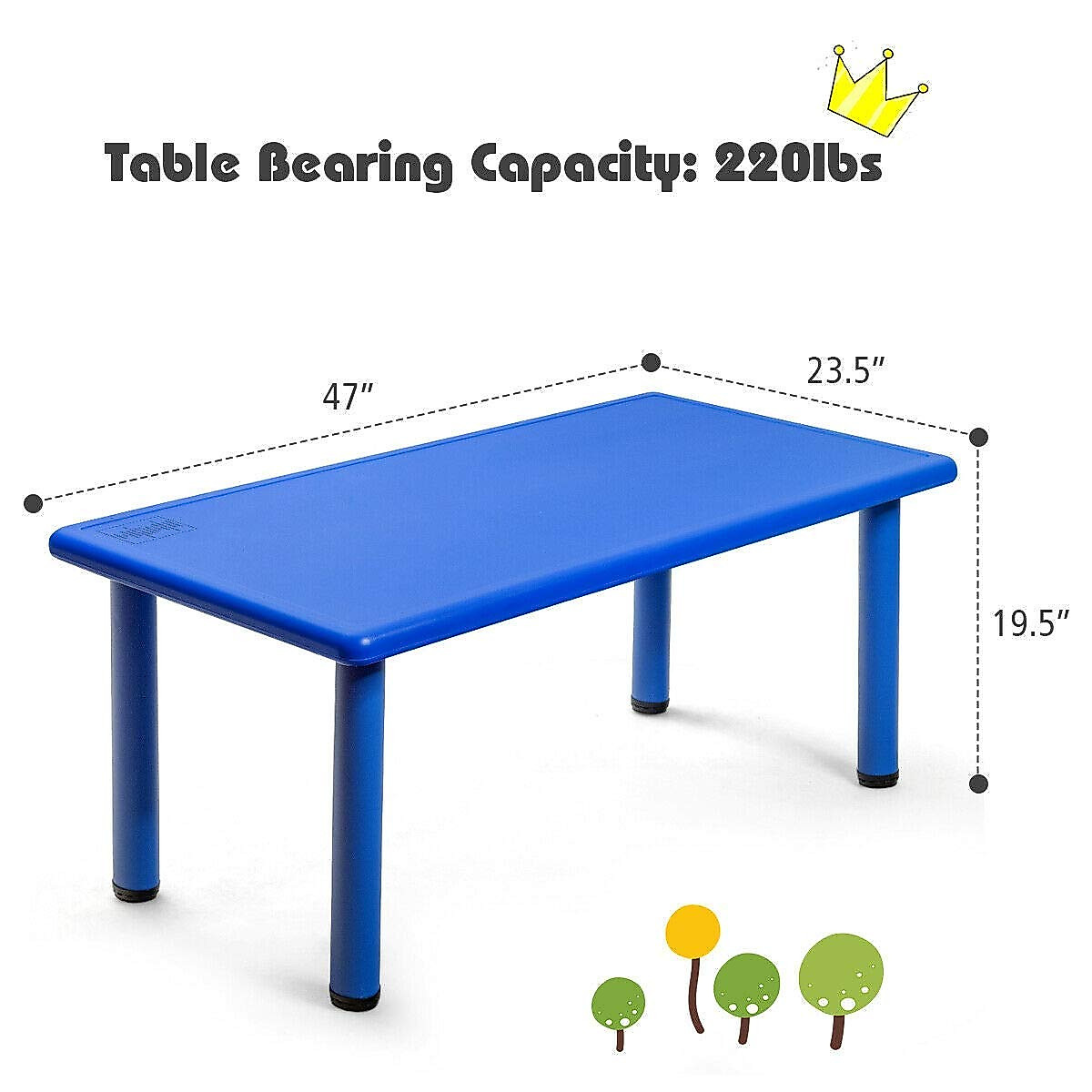 Costzon 47 x 23.5 Inch Rectangular Kids Table, Children School Activity Table for Reading Drawing Dining Playing, Multifunctional Plastic Table w/Steel Pipe, Toddler Furniture for Boys & Girls (Blue)