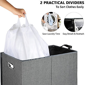MaxGear Double Laundry Hamper with Lid and 2 Removable Bags, 130L Divided Laundry Basket Laundry Sorter 2 Section & Dual Handles, Large Collapsible Dirty Clothes Basket for Bedroom, Laundry Room, Gray