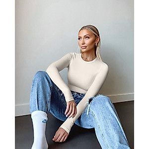 OQQ Womens 3 Piece Long Sleeve Tops Crew Neck Stretch Fitted Underscrubs Layer Tee Shirts 2025 Casual Outfits Black Beige White