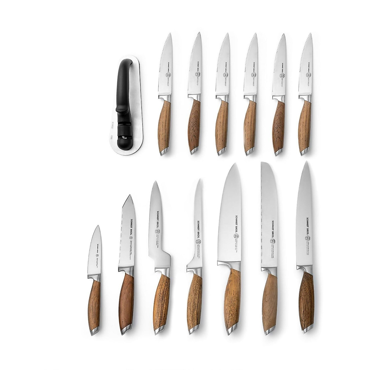 Schmidt Brothers - Bonded Teak, 15-Piece Knife Set, High-Carbon Stainless Steel Cutlery with Acacia and Acrylic Magnetic Knife Block and Knife Sharpener