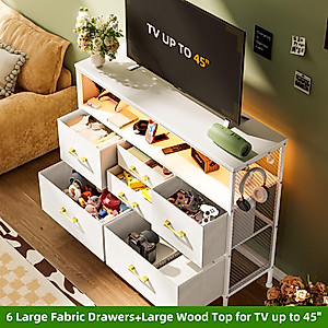 YILQQPER White Dresser for Bedroom Dresser, TV Stand with 6 Drawers, Bedroom Dresser with Power Outlets and LED Light, Fabric Dressers & Chests of Drawers with Shelves, Side Pockets & Hooks for 45" TV