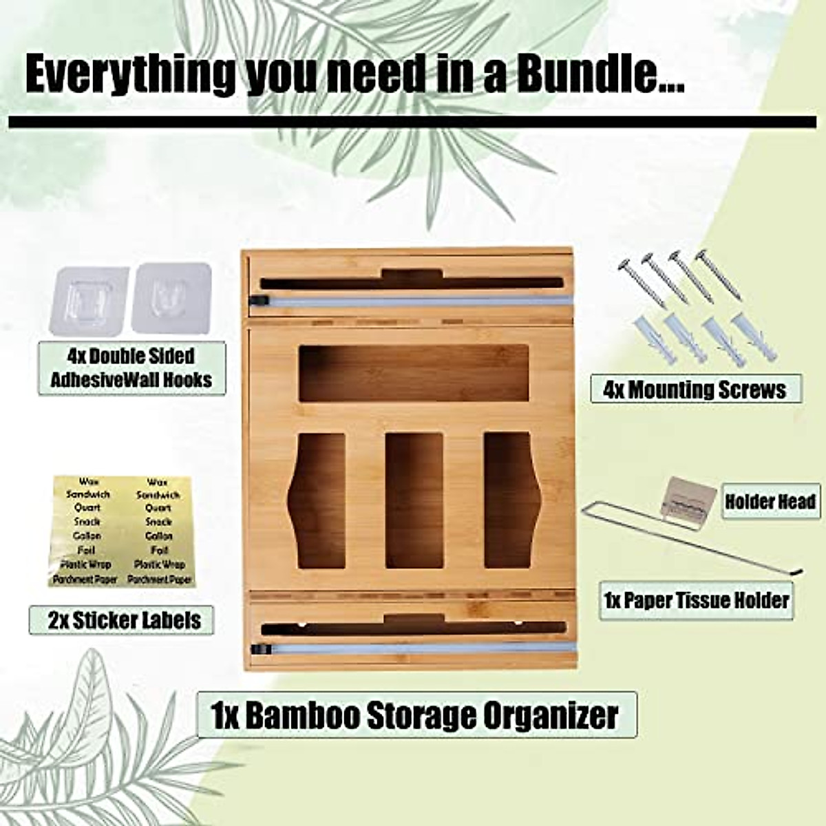 Jema Pearl Ziplock Bag Organizer Aluminum Foil and Plastic Wrap Dispenser with Cutter, 6 In 1 Baggie Organizer for Drawer Bundle with Paper Towel Holder