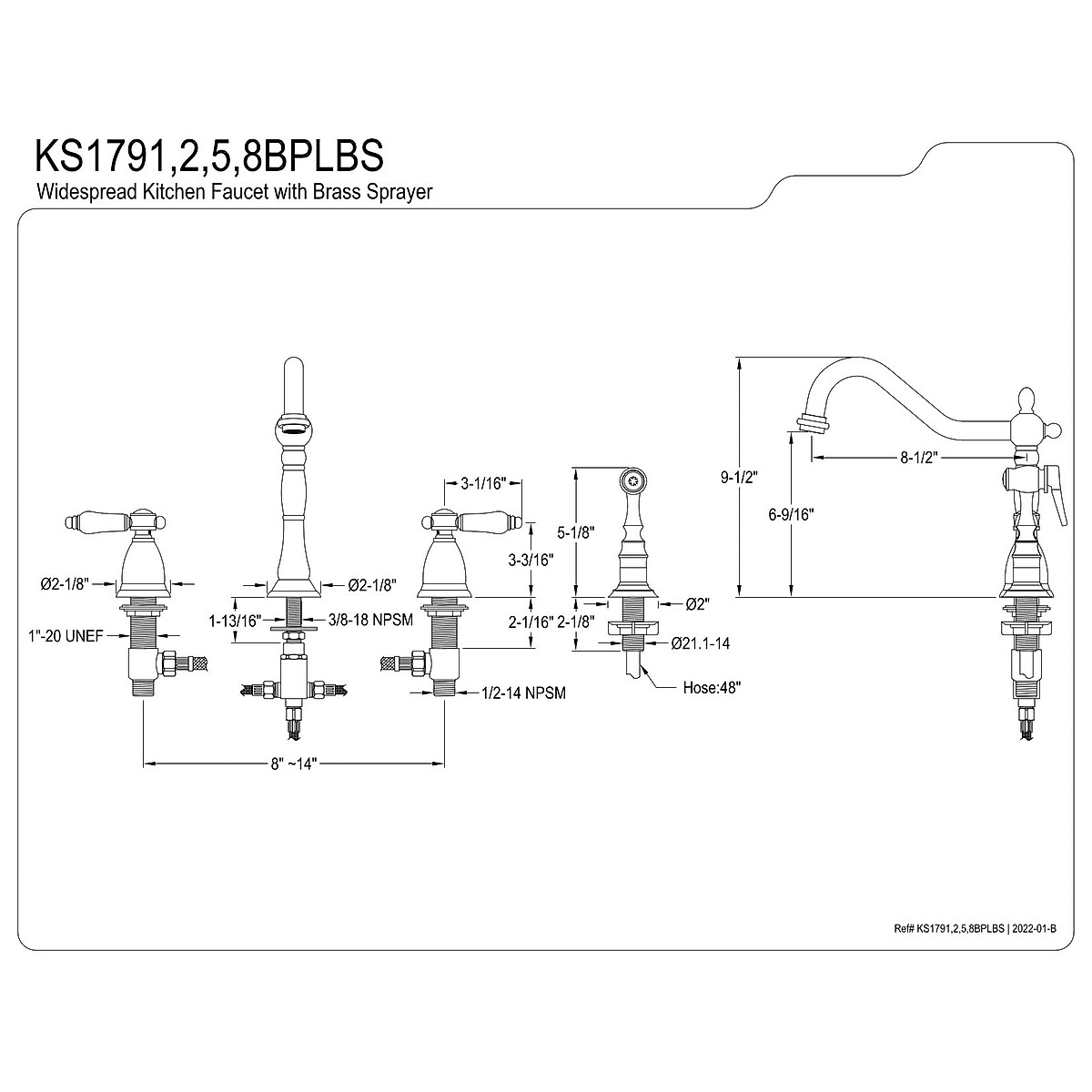 Kingston Brass KS1792BPLBS Bel-Air Widespread Kitchen Faucet, 8-1/2 Inch in Spout Reach, Polished Brass