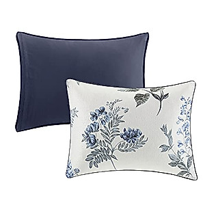 Madison Park Zennia Farmhouse Comforter Set with Throw-Blanket, Floral Print on Seersucker Textures, All Season Bedding, Matching Shams, Toss Pillows, King/Cal King(104"x92"), Blue 7 Piece