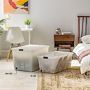 IRIS USA 132 Quart/36 Gal. Stackable Plastic Storage Bins with Lids and Latching Buckles, 3 Pack - Pearl, Containers with Lids, Durable Nestable Closet, Garage, Totes, Tubs Boxes Organizing