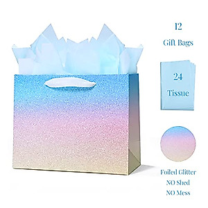 PAPER FAIR 12Pcs Ombre Blue Cream Gift Bags Bulk w/ 24 Tissue Paper, 9 x 7 In, Gradient Pastel Glitter Paper Gift Wrap Bag, Recyclable Gift Packaging for Christmas Birthday Father's Day Baby Shower Party Favor Décor
