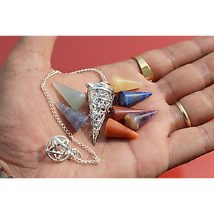 Jet International Jet Chakra Cage Pendulum 2" Free Booklet Crystal Therapy Interchangeable Chakra Cone Silver w/Pouch Divination Wicca Yes/No Pagan (Pentacle Star)