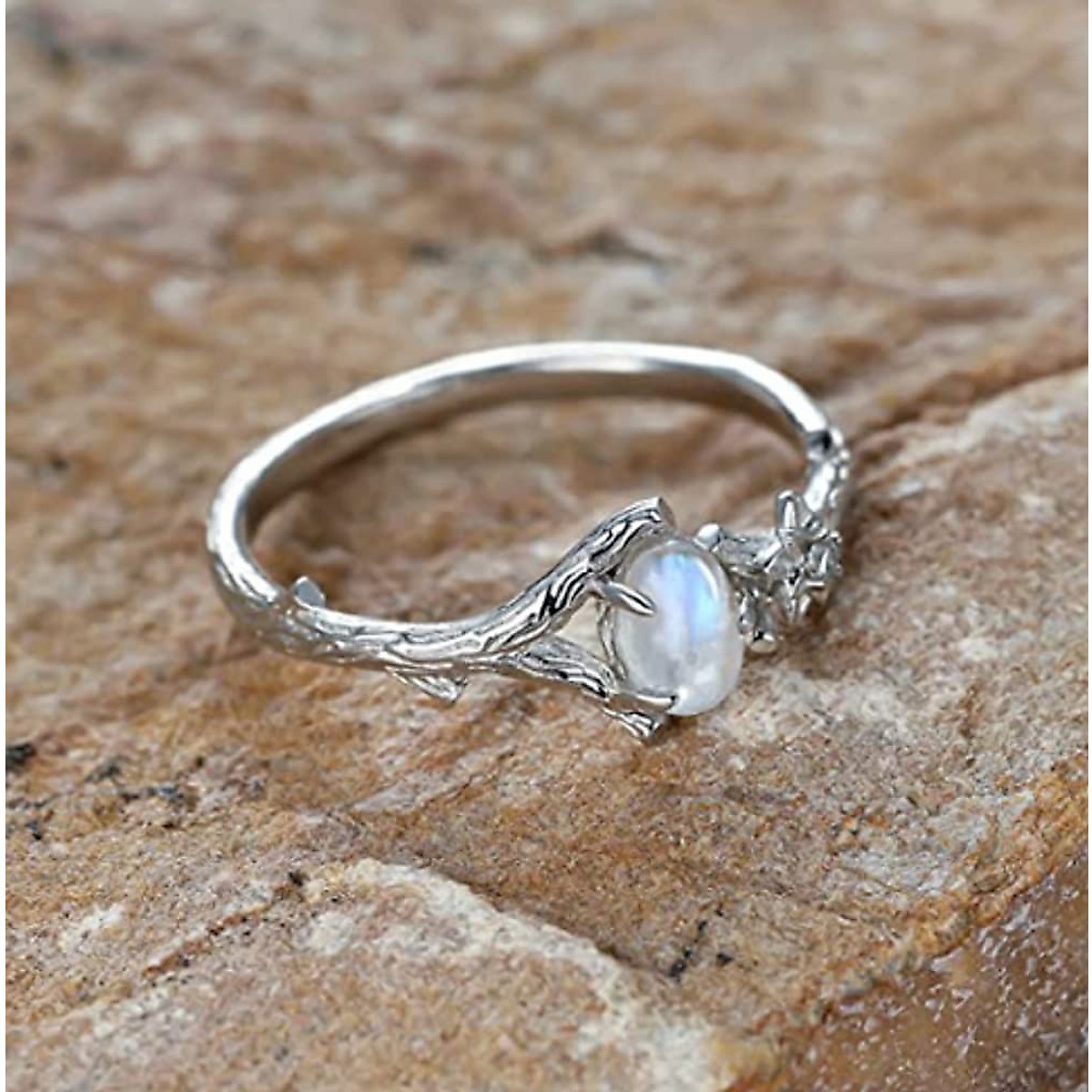 HUKQBUNX 925 Sterling Silver Natural Moonstone Ring Feminine Branch Flower Lady Shiny Wedding Engagement Ring Birthday Party Ring Size 6-10 (Size 8)